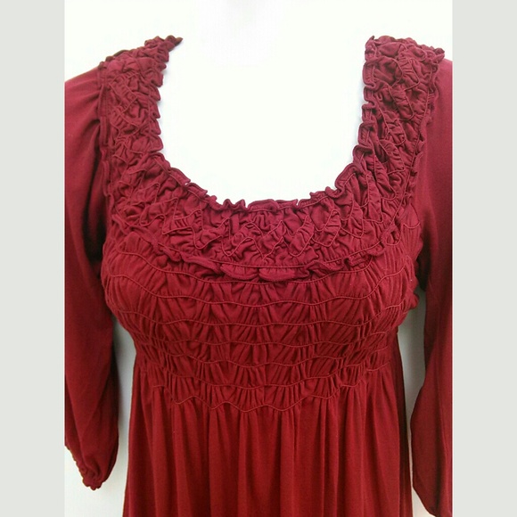 Max Studio | Dresses | Burgundy Red Smocked Dress 34 Sleeve Xs | Poshmark